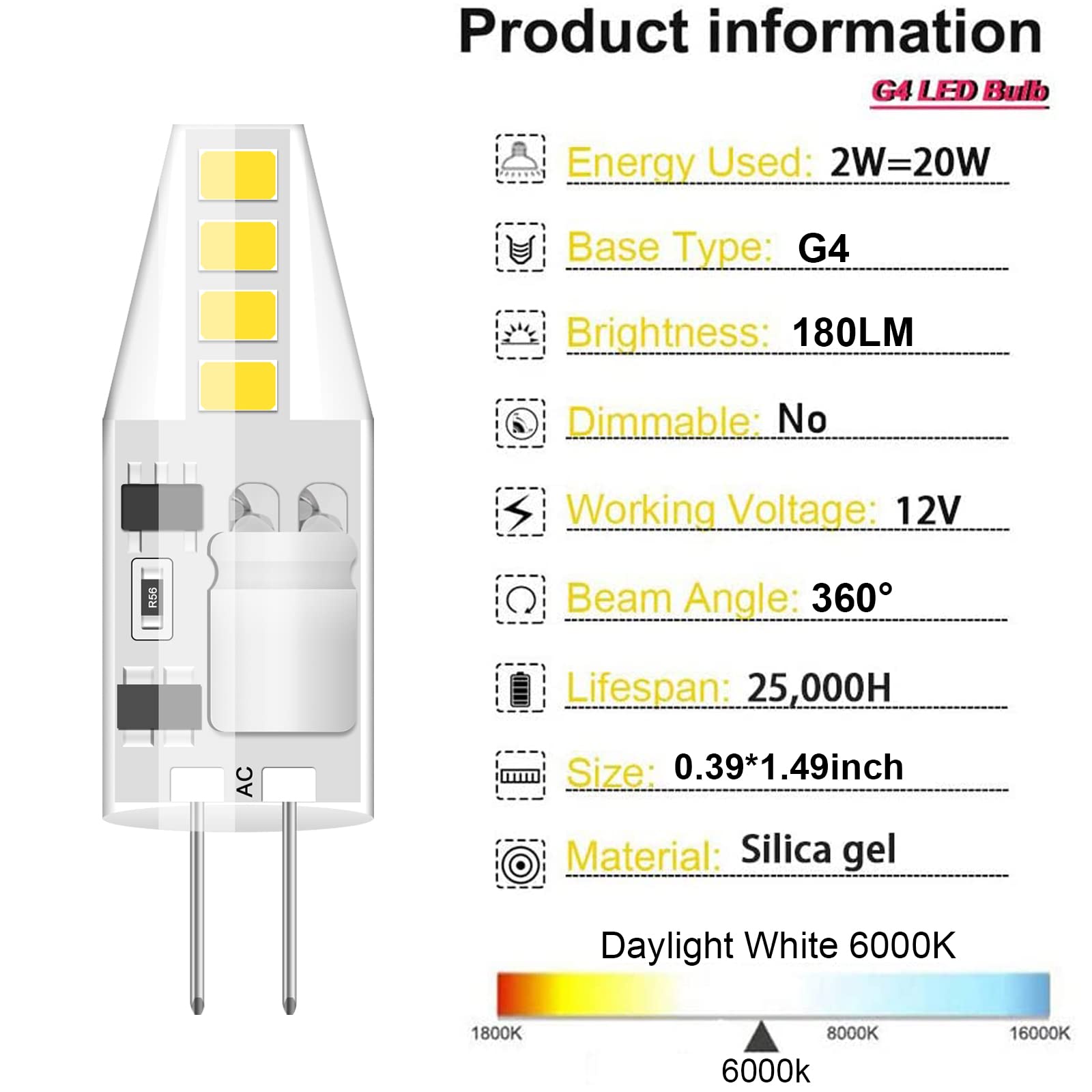 TAIYALOO G4 LED Bulb 2 Watt Equivalent to 20W T3 Halogen Bulb Replacement, JC Type Bi-Pin Base, AC/DC 12V Daylight White 6000K Mini G4 LED Light Bulb (10 Pack)