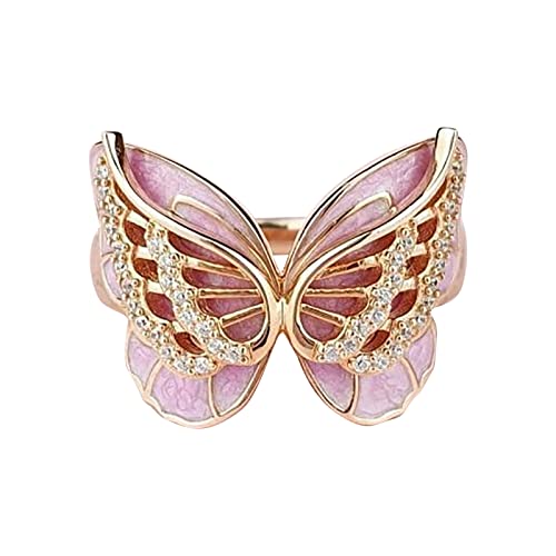 Women's Butterfly Ring Engagement Rings Statement Rings for All Women Cute Promise Rings for Her (Pink, 6)
