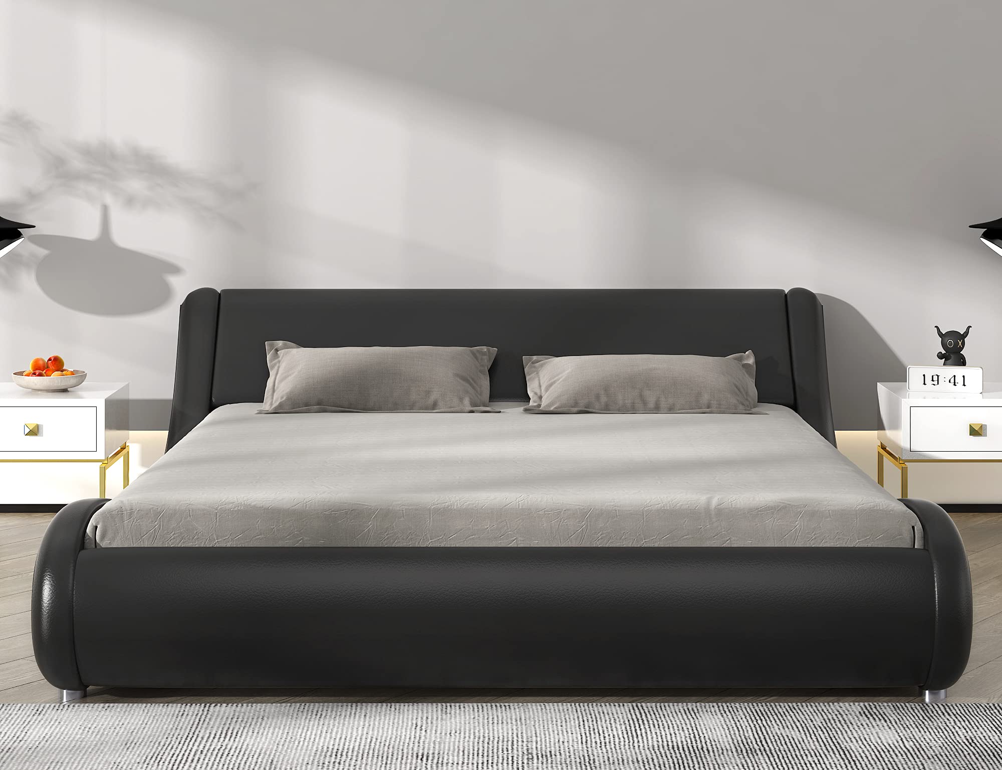 SHA CERLIN King Size Bed Frame Luxury Wave-Like Modern Upholstered Low Profile Platform Bed, Faux Leather Sleigh Bed with Adjustable Headboard, No Box Spring Needed, Black