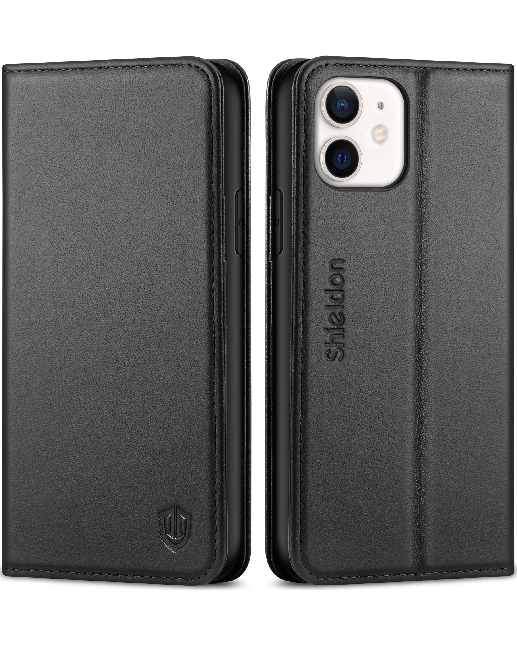 SHIELDON Case for iPhone 11, Genuine Leather Magnetic Wallet Cover Kickstand RFID Blocking Card Slot with TPU Shockproof Protective Cover Compatible with iPhone 11 (6.1 Inch, 2019) - Black