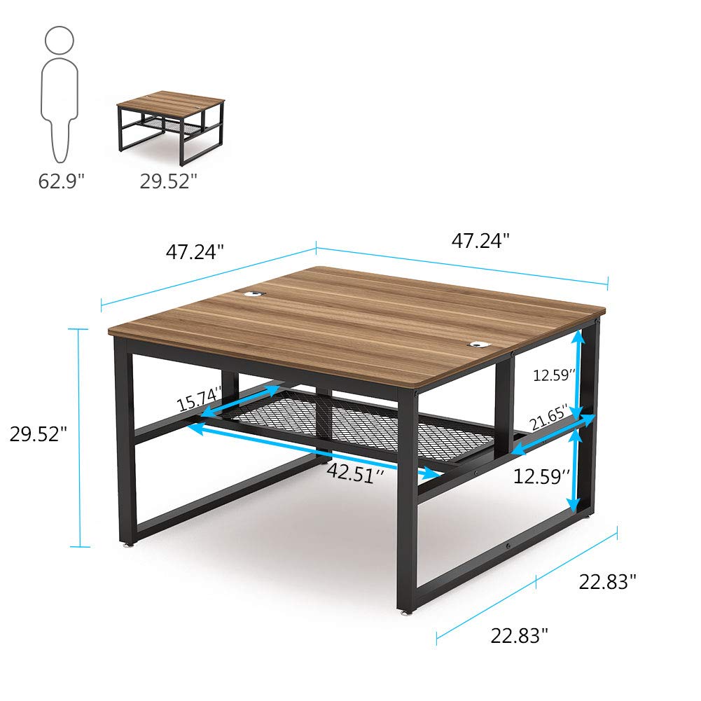 Tribesigns Two Person Desk, 47 x 47 inch Extra Large Computer Desk with Open Storage Shelves, Double Workstation Office Desk Writing Study Desk for Home Office (Dk Walnut)