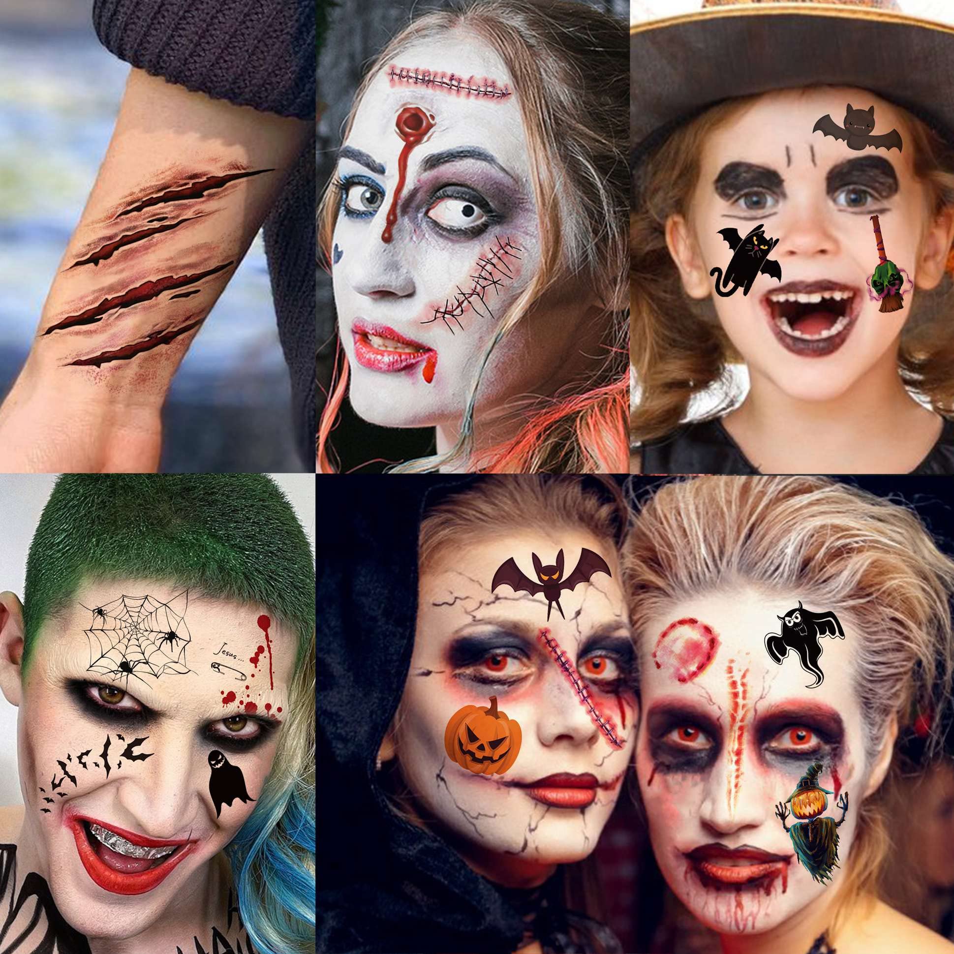 Yezunir 88+ Styles 18 Sheets 3D Halloween Temporary Tattoos For Kids Realistic Spider Web Bat Witch Pumpkin Fake Scars Tattoos Sticker Zombie Halloween Makeup Kit Women Men Adults Face Stitches Wound