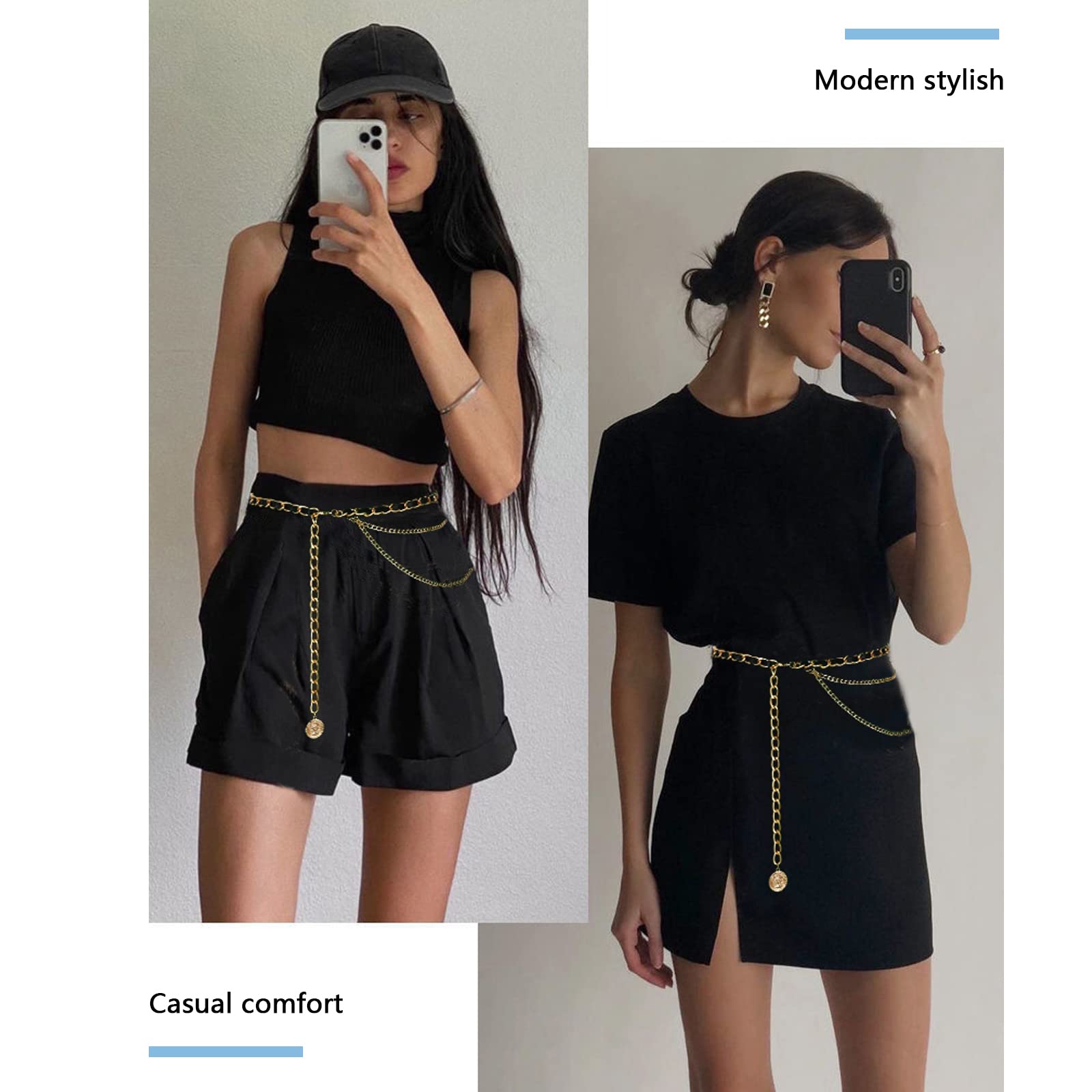 Women's Chain Belts Leather Multilayer Metal waist chains Adjustable Link Belts Body Chain Plus Size for Ladies Dress Jeans, 01black, 105cm