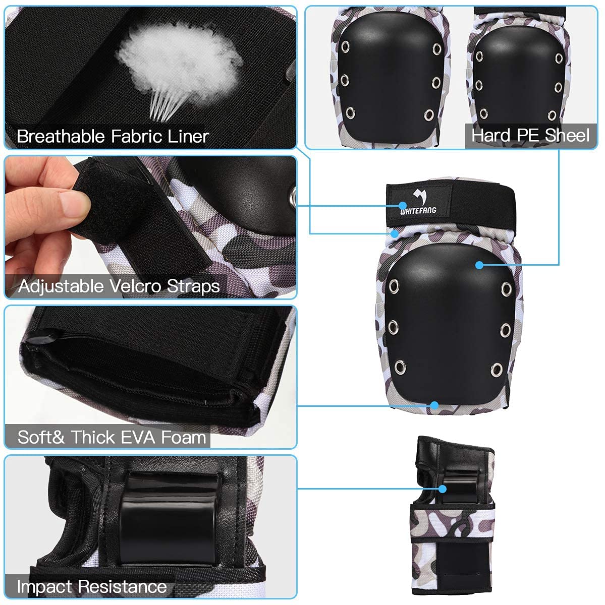 WhiteFang Knee Pads for Kids, Knee Pads and Elbow Pads with Wrist Guards 6 in 1 Protective Gear Set for Skateboarding, Rollerblading, Biking, Skating, Skiing, Scooter (Gray M)