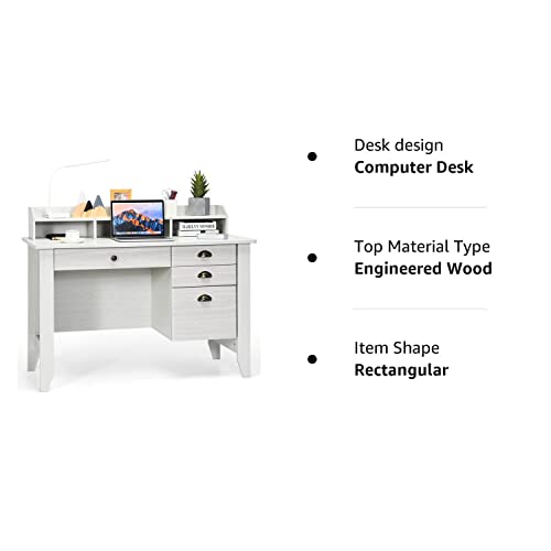 Tangkula White Desk with 4 Storage Drawers & Hutch, Home Office Computer Desk Vintage Desk with Storage Shelves, Wooden Executive Desk Writing Study Desk (White)