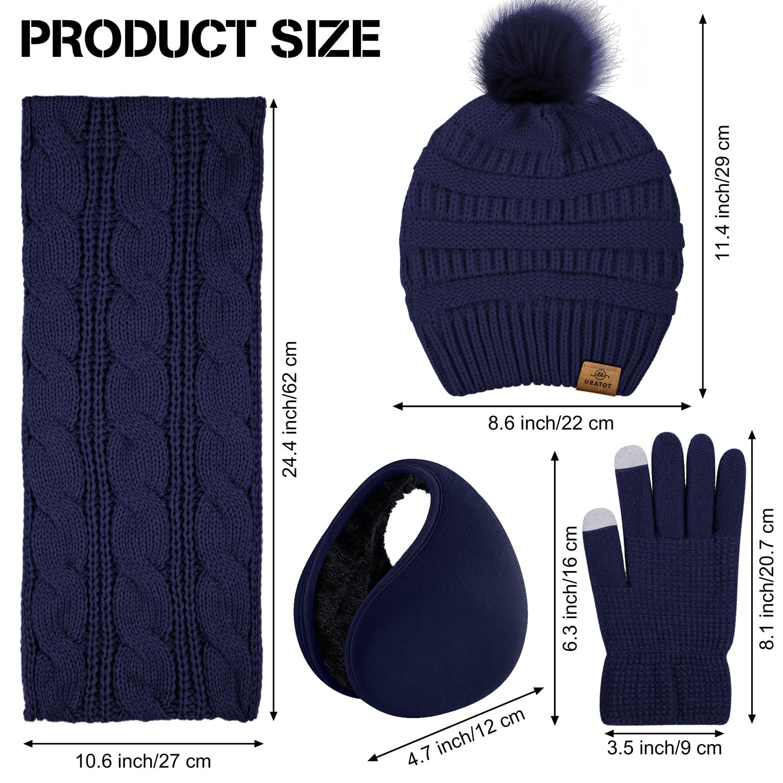URATOT Winter Warm Sets Knitted Scarf Beanie Pompom Hat Touch Screen Gloves and Winter Ear Warmer Set for Men or Women