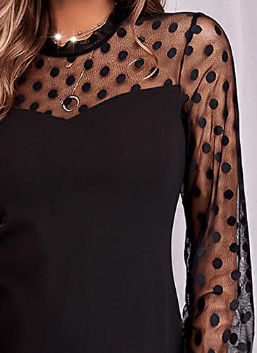 Women's Crewneck Mini Dress Polka Dot Mesh Long Sleeve Solid Color Zipper Stretch Dress