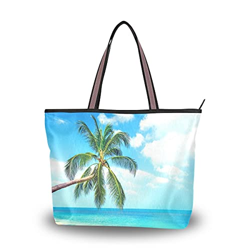 Zipper Tote Bag Lightweight Shoulder Handbag for WomenTropical Beach Palm Summer Long Top Beach Bags for Work Shopping Travel School,L