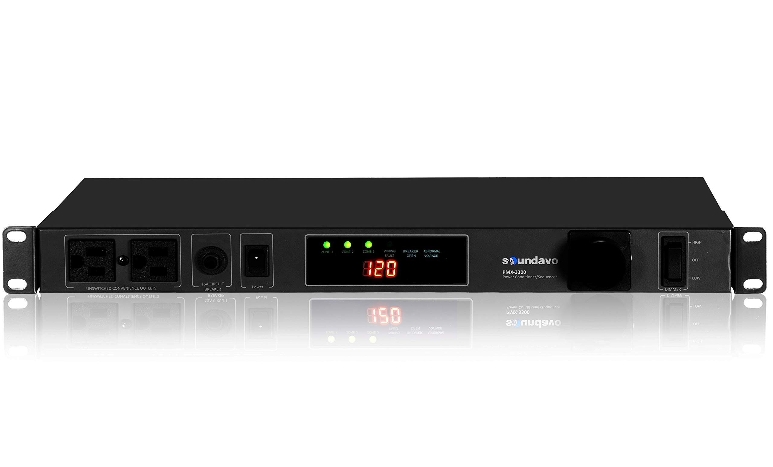 Soundavo PMX-3300 Power Conditioner and Surge Sequencer 10 Protected Outlets and 3 Zones 15A with LED Voltmeter Display & Pullout Light Black