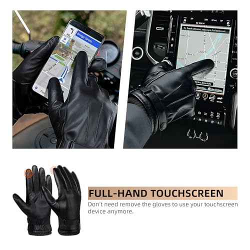 SANKUU Winter Leather Gloves for Men, Touchscreen Snap Closure Cycling Black Gloves Outdoor Riding Warm Waterproof Gloves(Large)