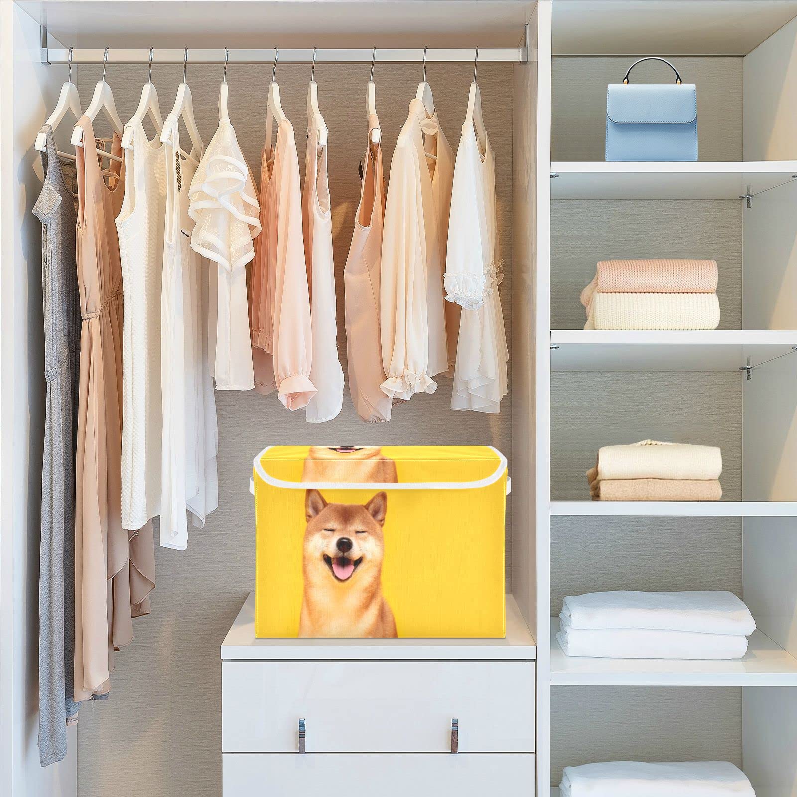 Wusikd Shiba Inu Dog Storage Basket Yellow Storage Boxes with Lids and Handle, Large Storage Cube Bin Collapsible for Shelves Closet Bedroom Living Room, 16.5x12.6x11.8 In