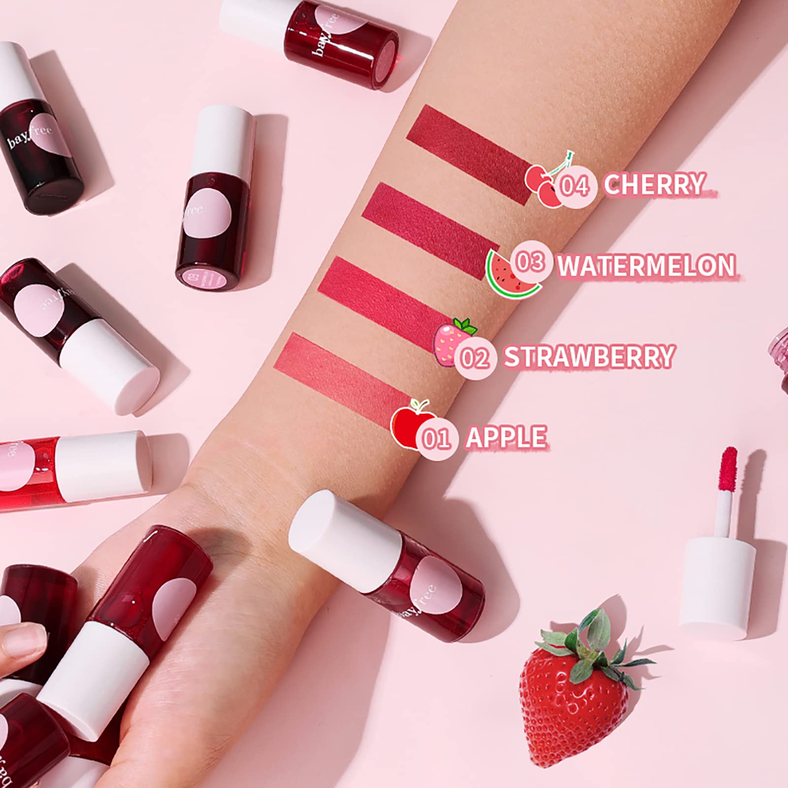 Yocisku 4 Colors Lip Tint and Stain Set, Liquid Lipstick Kit, Bright Vivid Tint for Lips, Cheeks, Eyes, Waterproof and 24 Hours Long Lasting, Moisturizing Fruity Color