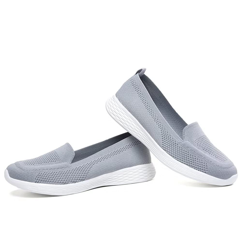 ZZS Womens Slip On Walking Shoes Lightweight Breathable Casual Low-Top Flats Memory Foam Mesh Loafers Soft Mesh Knit Comfortable Shoes,Light Grey 8
