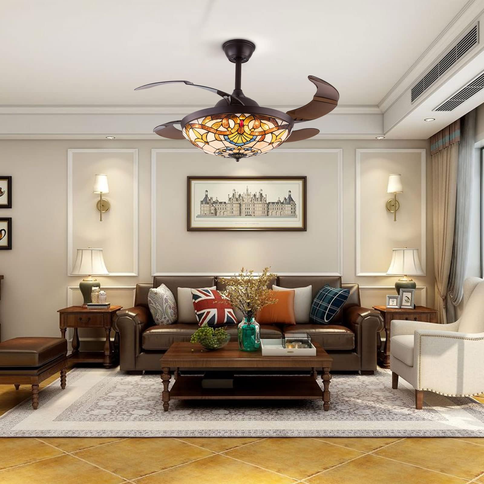 TFCFL 42 Inch Tiffany Style Invisible Ceiling Fan with Lights and Remote Control,Retractable Blades 3 Speeds 3 Light Changes Fandelier Chandelier Fan,Quiet Motor,Indoor Ceiling Lighting Fixture