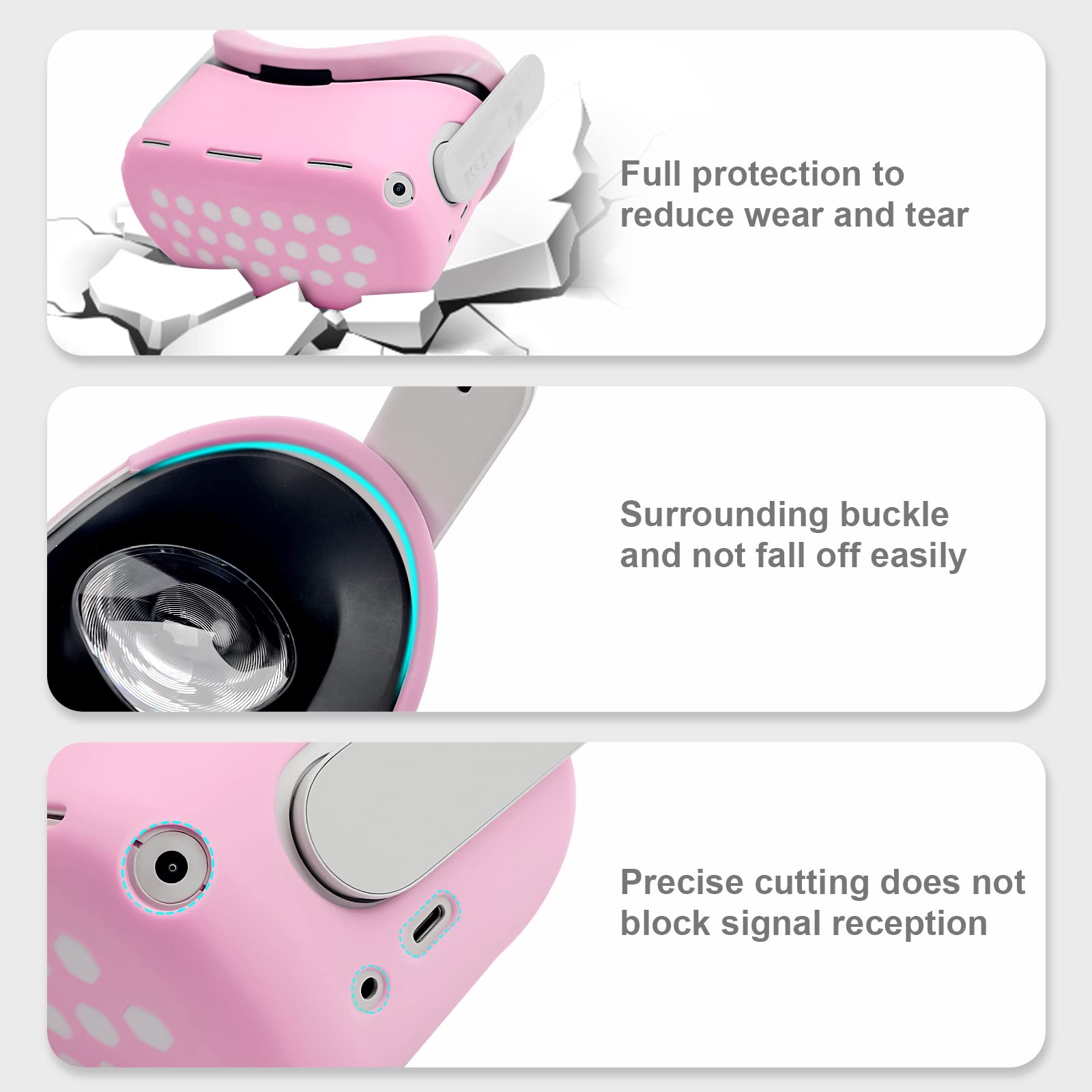 TOMSIN VR Silicone Face Cover, Full Coverage Grips Cover, Shell Front Cover with Lens Cover, Anti-Throw Protector with Adjustable Knuckle Straps Accessories Set for Oculus Quest 2 (Pink)