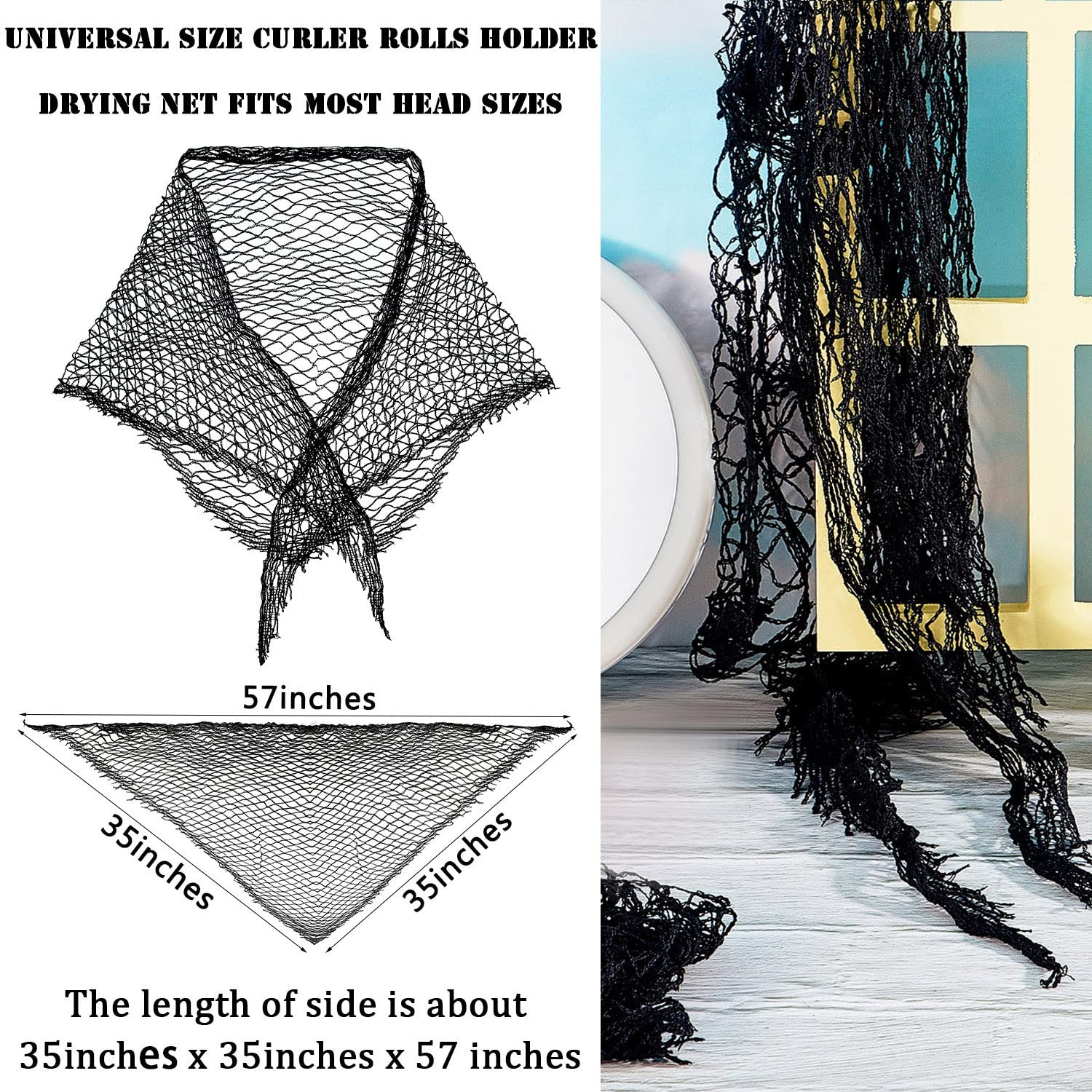 WILLBOND 4 Pieces Triangle Hair Net for Rollers, Women Hair Net Mesh Hair Net Triangular Hair Setting Net for Sleeping, 35 x 35 x 57 Inches (Black)