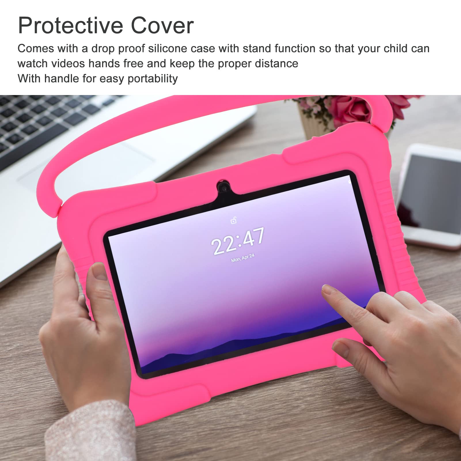 VINGVO Kids Tablet, 3D Design Control Function Toddler Tablet 2GB 32GB Dual Camera 110-240V with Protective Cover for Android 10 for Entertainment (US Plug)