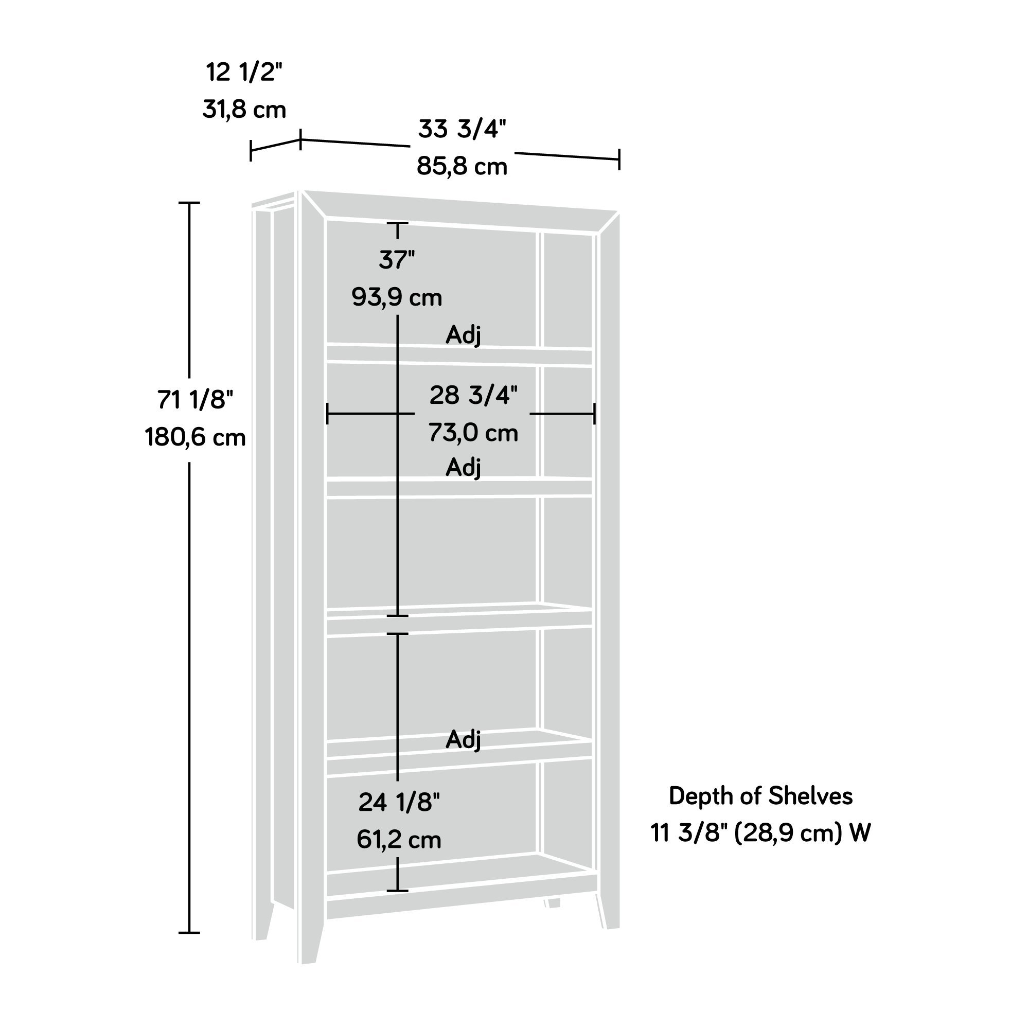 Sauder Dakota Pass 5 Bookcase/Book shelf, L: 33.78" x W: 12.52" x H: 71.1, Craftsman Oak finish