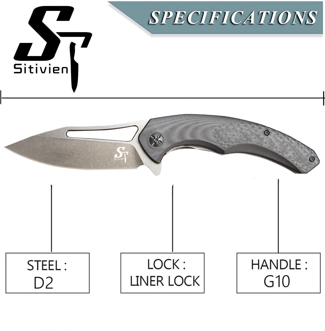 Sitivien ST116 Folding Knife, D2 Steel Blade+G10 Handle Large Modle Size EDC Tool Knife for Outdoor, Camping,Hiking-Black …