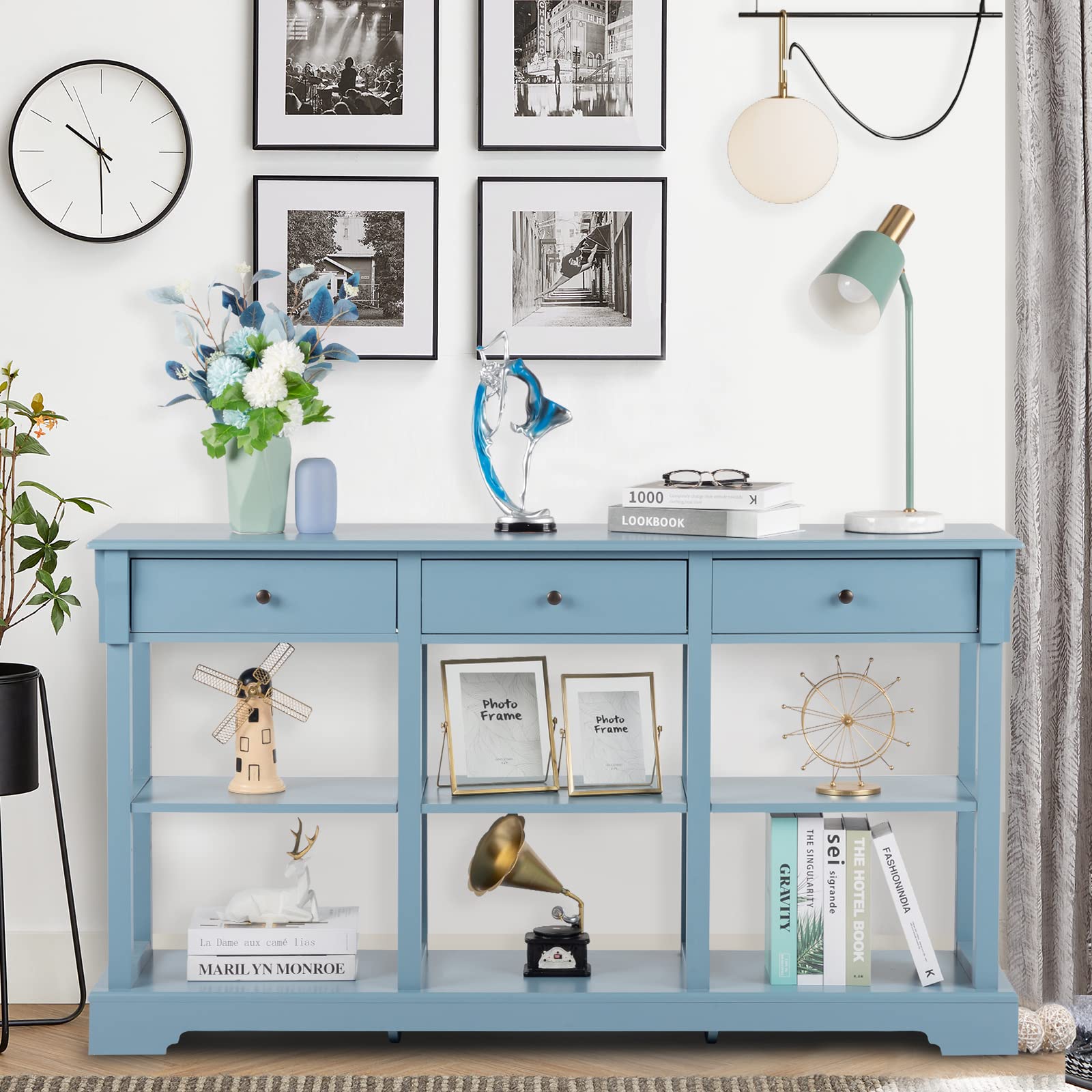 Sofa Table, Farmhouse Console Table for Living Room, Hallway entryway Table with Storage, Entry Table for Foyer,Open Storage Shelf for Home Living Room 58.2" L x 14.2" W x 32.5" H