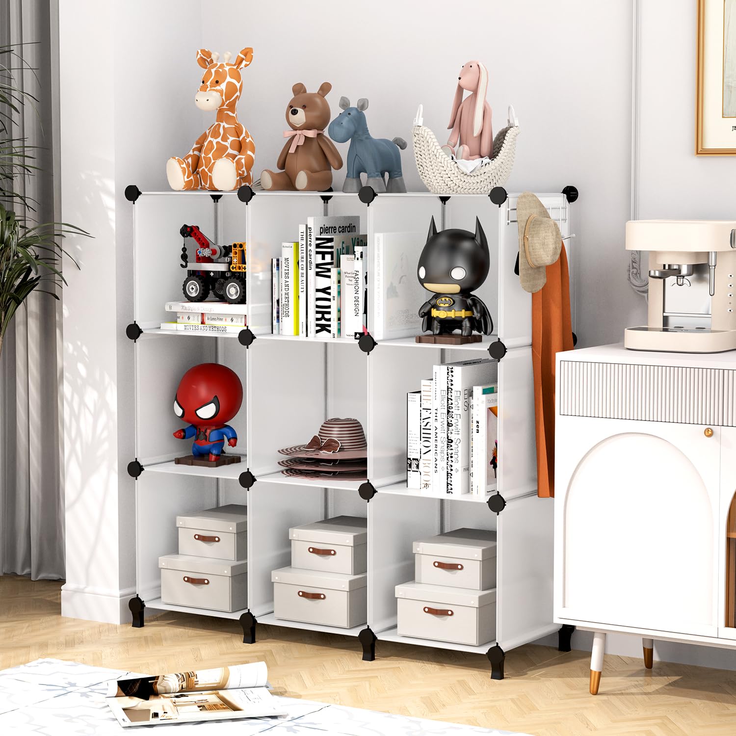 ROJASOP Cube Storage Organizer, 9-Cube Storage Shelf Bookshelf DIY Stackable Cubby Shelving with Hooks, Plastic Cube Organizer Shelf for Closet, Bedroom, Living Room, Office, Black