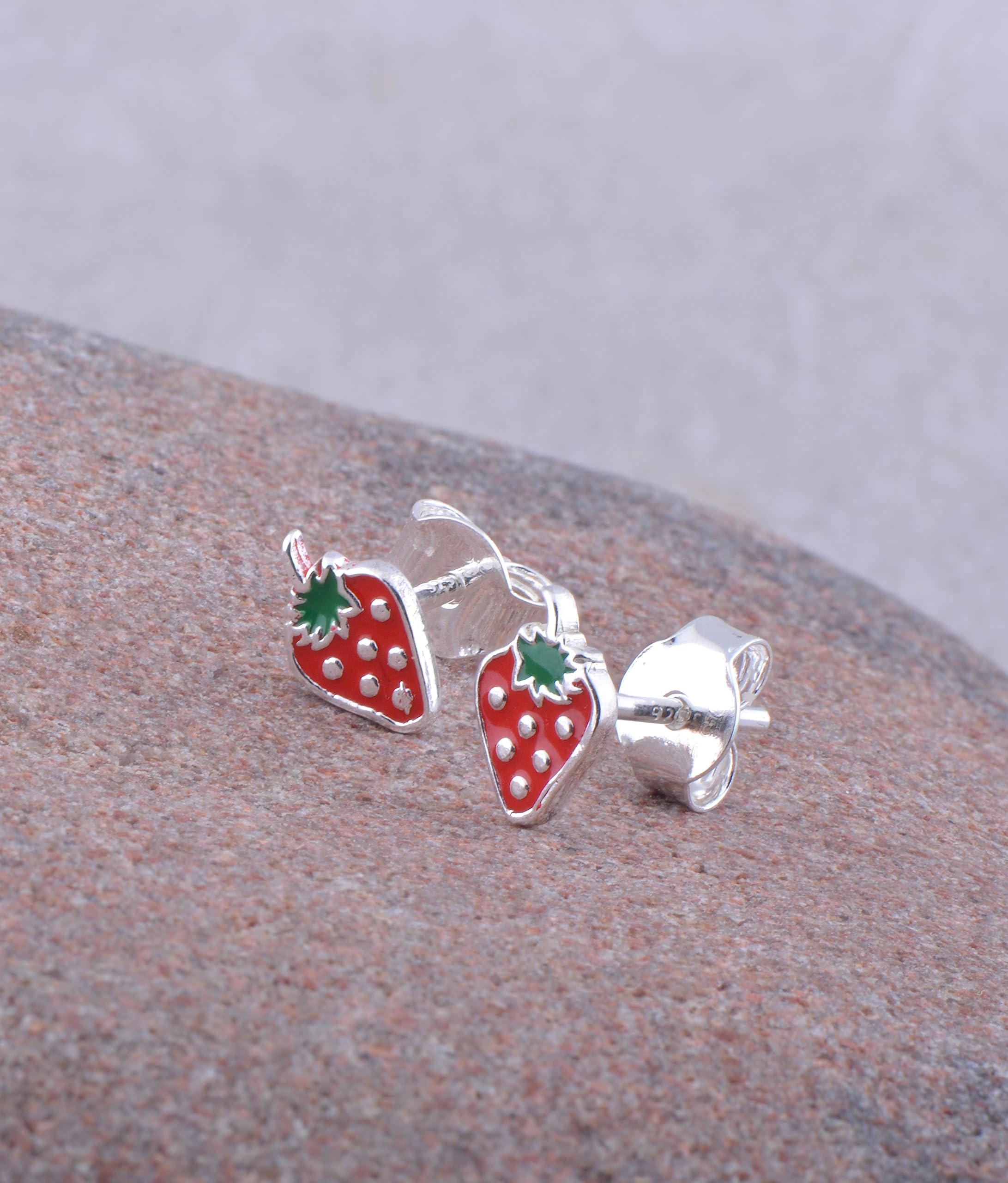 Sterling Silver Small Womens Fruit Red Strawberry Push Back Stud Earrings - Fruit Gifrts For Ladies Mom Wife 0.31in
