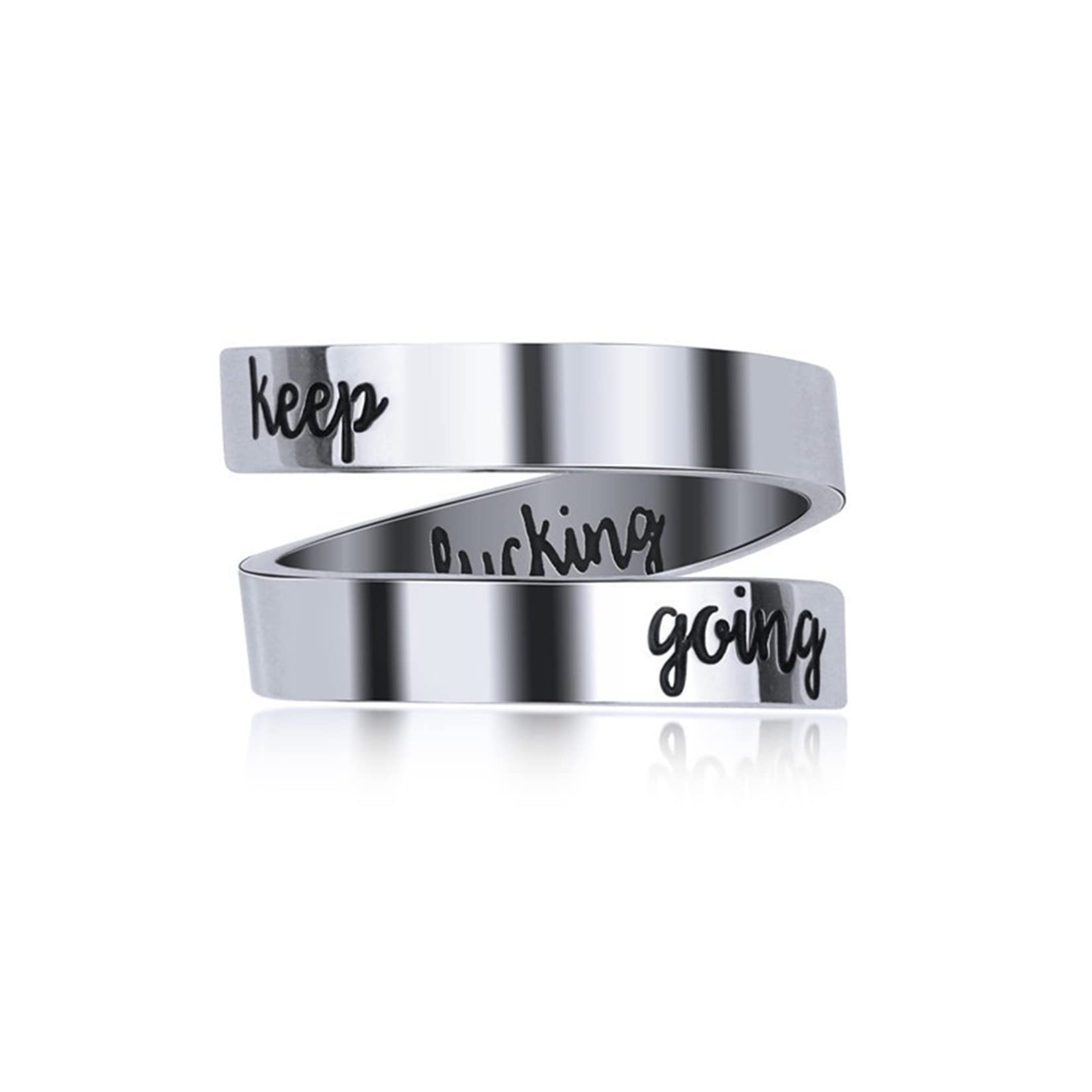 Yifnny Engraved Open Ring, Stainless Steel Adjustable Wrap Ring Inspirational Ring Engraved Keep Going Personality Encouragement Gifts Ring for Women Men (Keep Going-Silver)