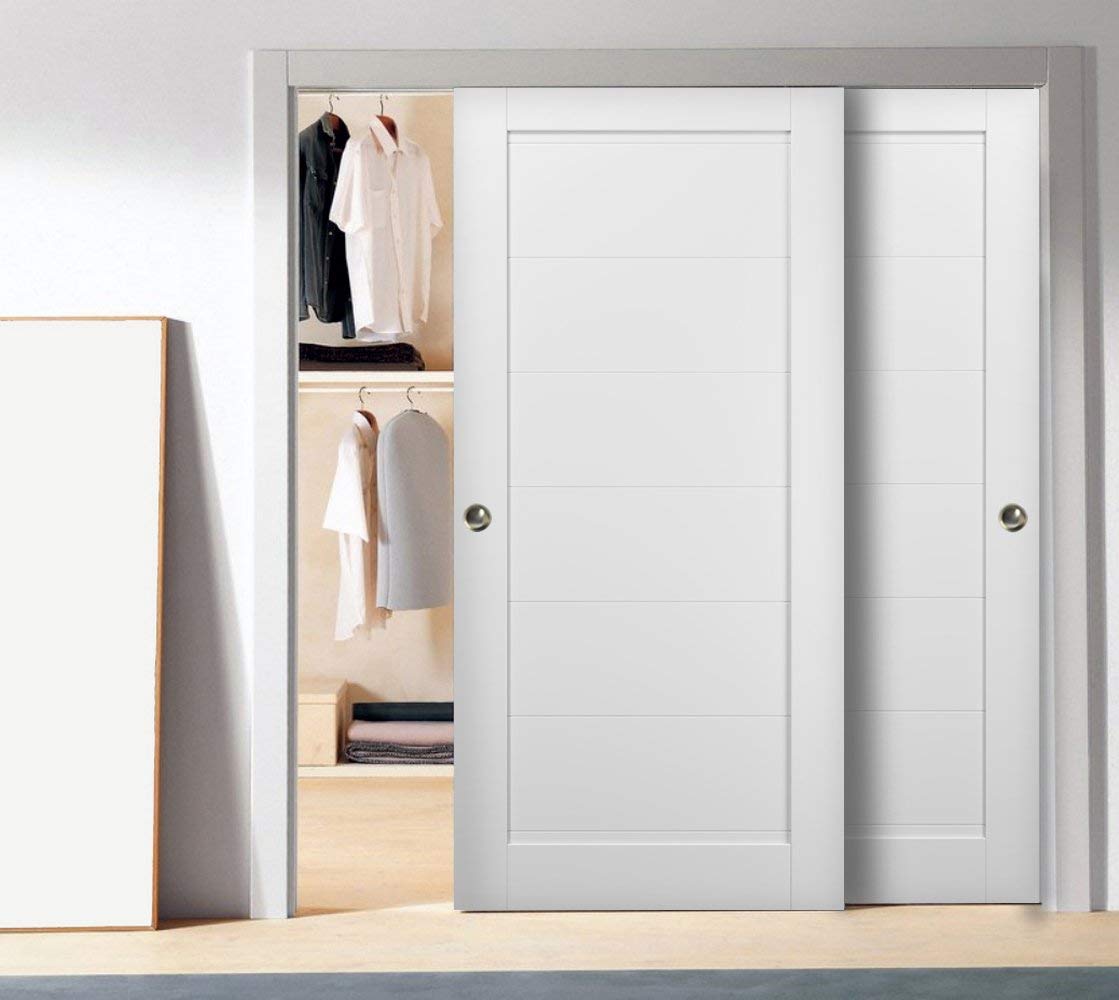 SARTODOORS Sliding Closet Bypass Doors 56 x 80 with Hardware | Quadro 4115 White Silk | Sturdy Top Mount Rails Moldings Trims Set | Kitchen Wooden Solid Bedroom Wardrobe Doors