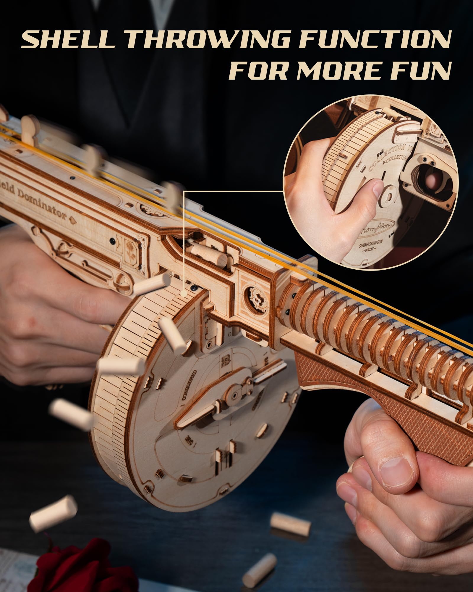ROKR 3D Wooden Puzzles for Adults 275pcs Submachine Gun Rubber Bands Gun Toy DIY Building Model Kits Assembly puzzle Gifts for Teens