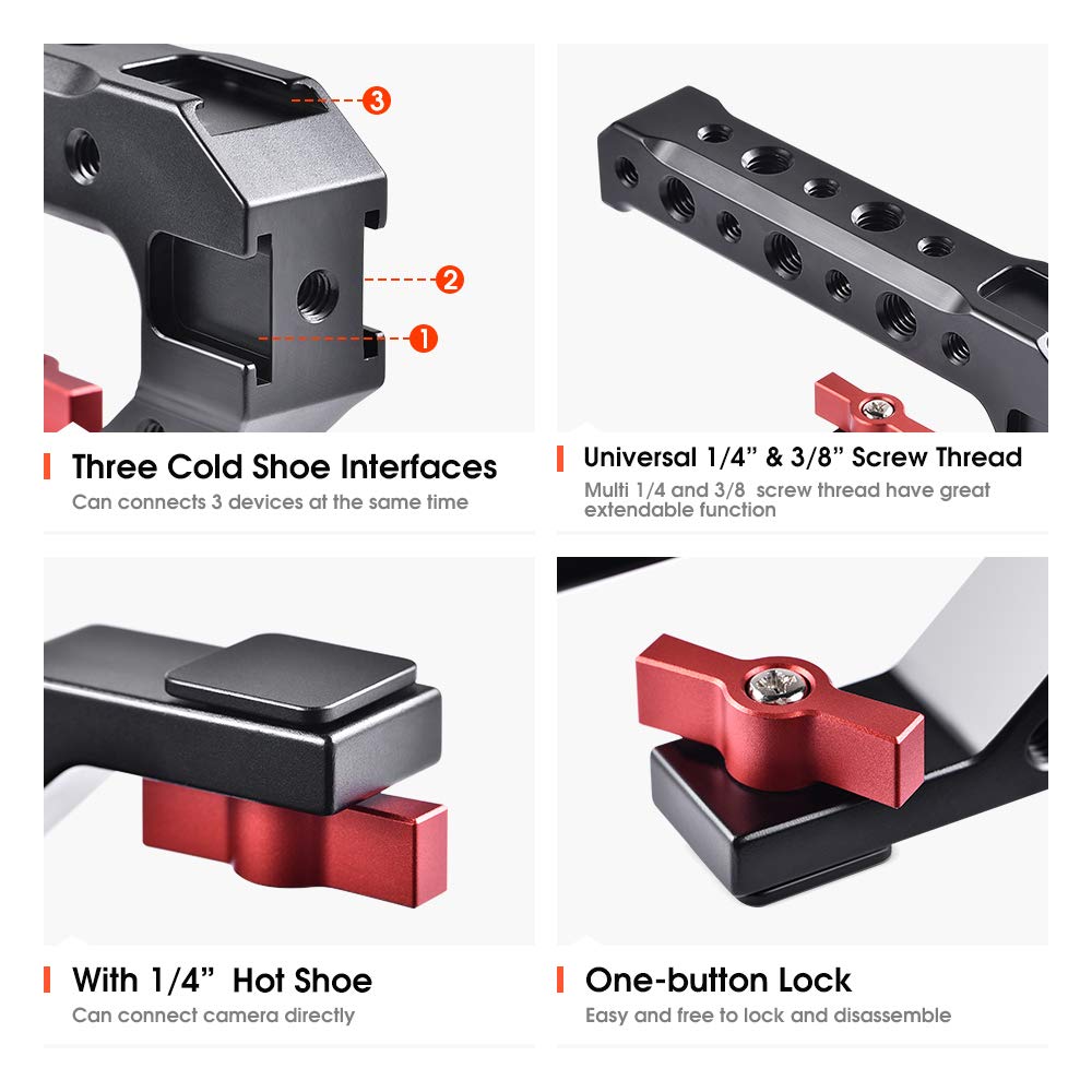 UTEBIT Camera Top Handle with 1/4" 3/8" Screw Thread, Universal Camera Hot Shoe Top Handle Grip with 3 Cold Shoe Adapters to Mount DSLR Camera with Microphone/LED Light/Monitor/Phone/Magic Arm