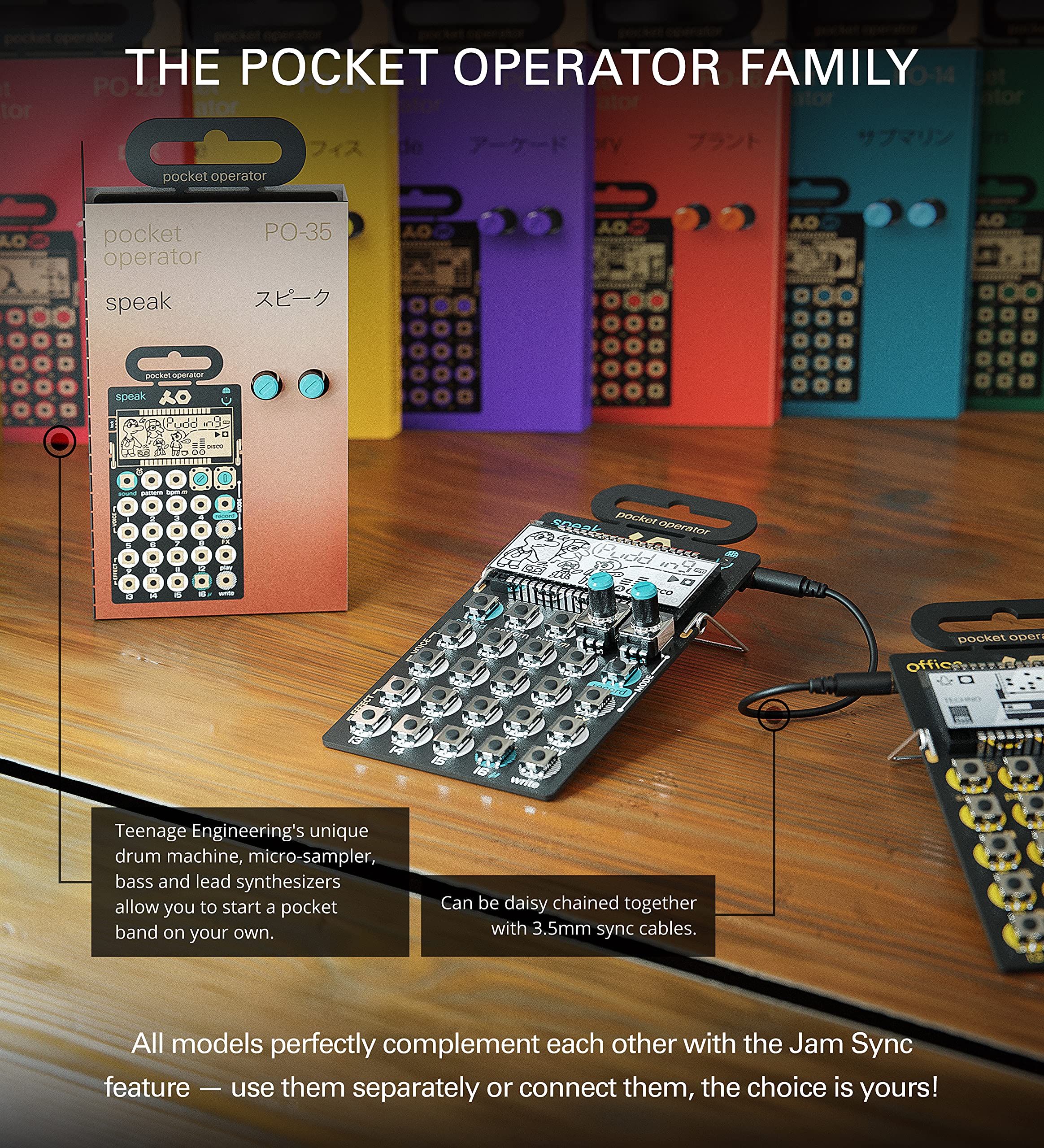 teen age engineering PO-35 Pocket Operator Speak Vocal Sampler/Sequencer Bundle with Samson SR350 Over-Ear Stereo Headphones, Blucoil 3-Pack of 7" Audio Aux Cables, and 4 AAA Batteries