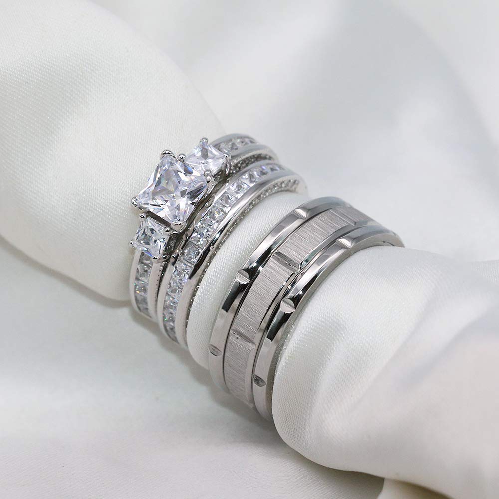 TWO RINGS Wedding Ring Sets His And Hers Promise Ring Couples Bridal Sets Women 925 Sterling Silver square Cz Man Stainless Steel Brushed Finished Wedding Bands