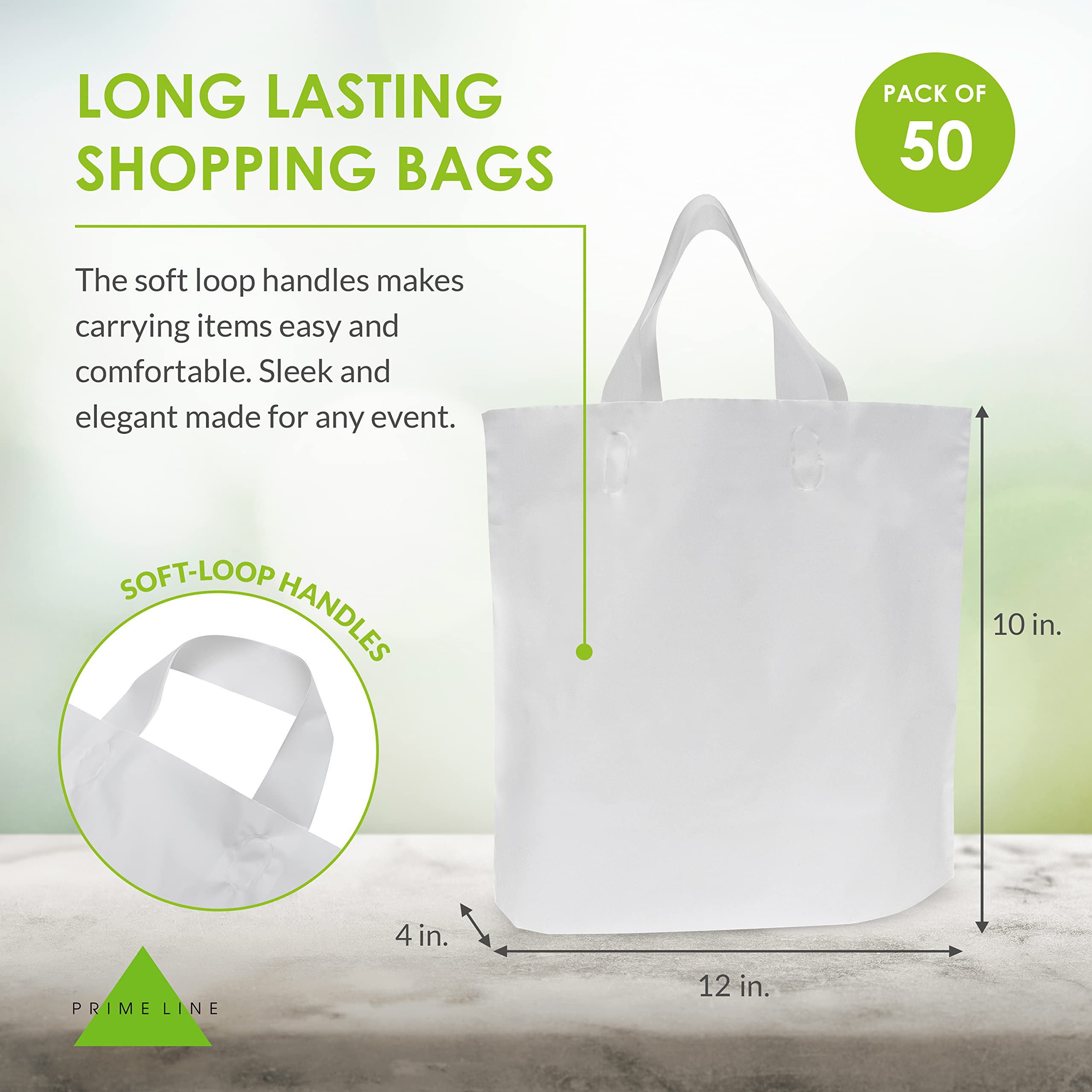 Prime Line Packaging 12x4x10 50 Pack Large Plastic Bags with Handles, Reusable White Shopping & Merchandise Bags for Boutique, Small Business, Bulk