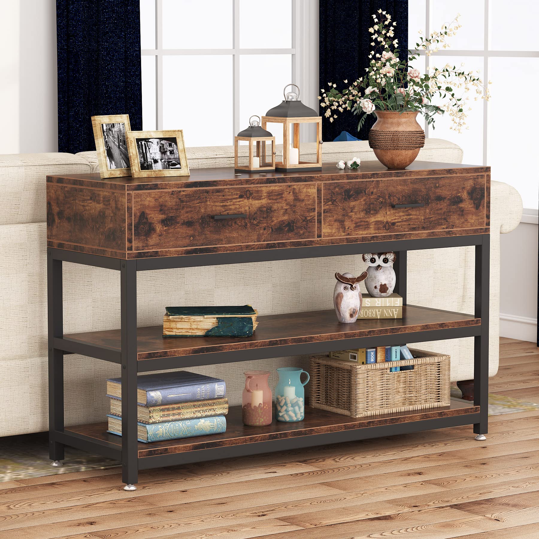 Tribesigns Rustic Console Sofa Table with Drawers, Industrial TV Stand 2 Shelf Hallway Entryway Table with Storage