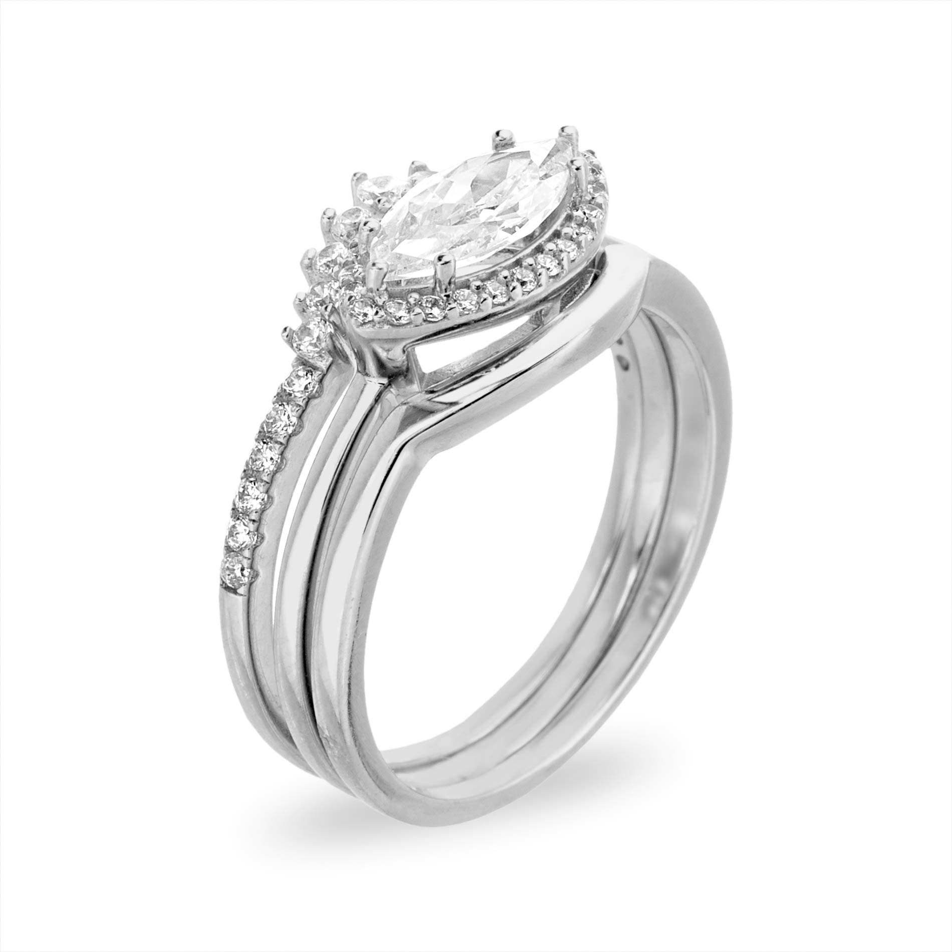 TwoBirch 18k White Gold Microplated East West Marquise Three Ring Bridal Set with Plain Contour Band and Tiara Prong Style Curved Ring (925 Silver, Size 7)