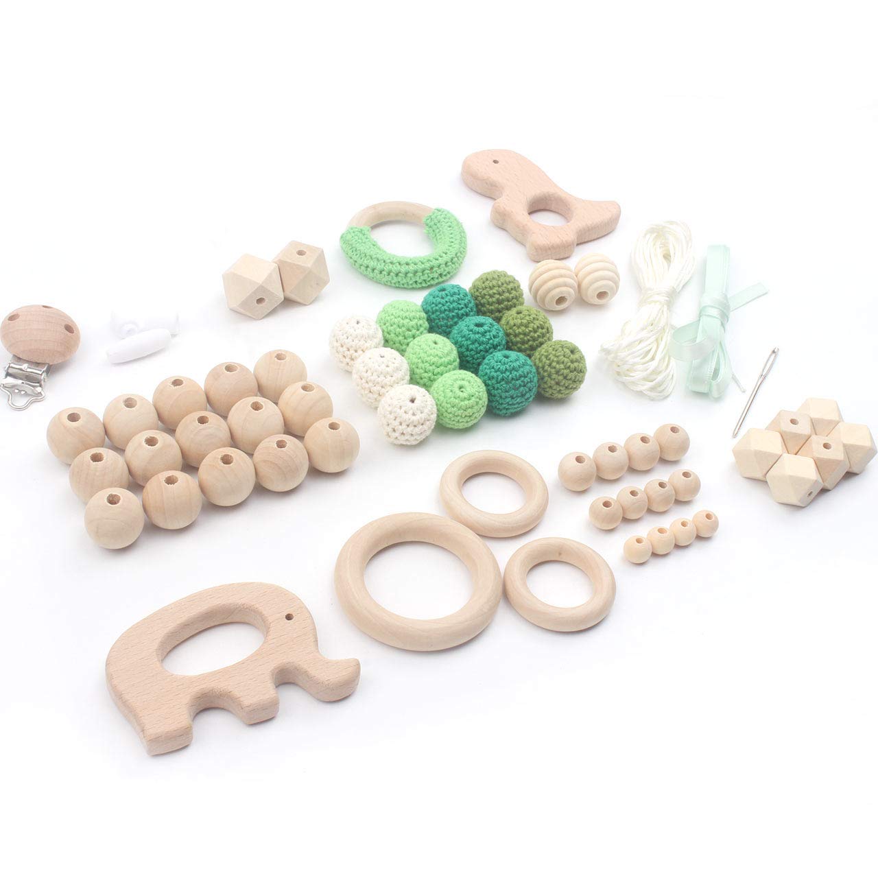 Teething Kit Baby Wooden Beads Rings Supplies, Make Your Own Baby Chew Jewelry, DIY Teether Necklace, 61pcs, Green