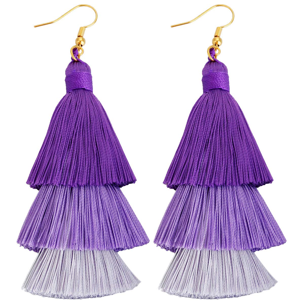 SUNYIK Gradual Purple Color Tiered Thread Layered Tassel Dangle Earrings for Women