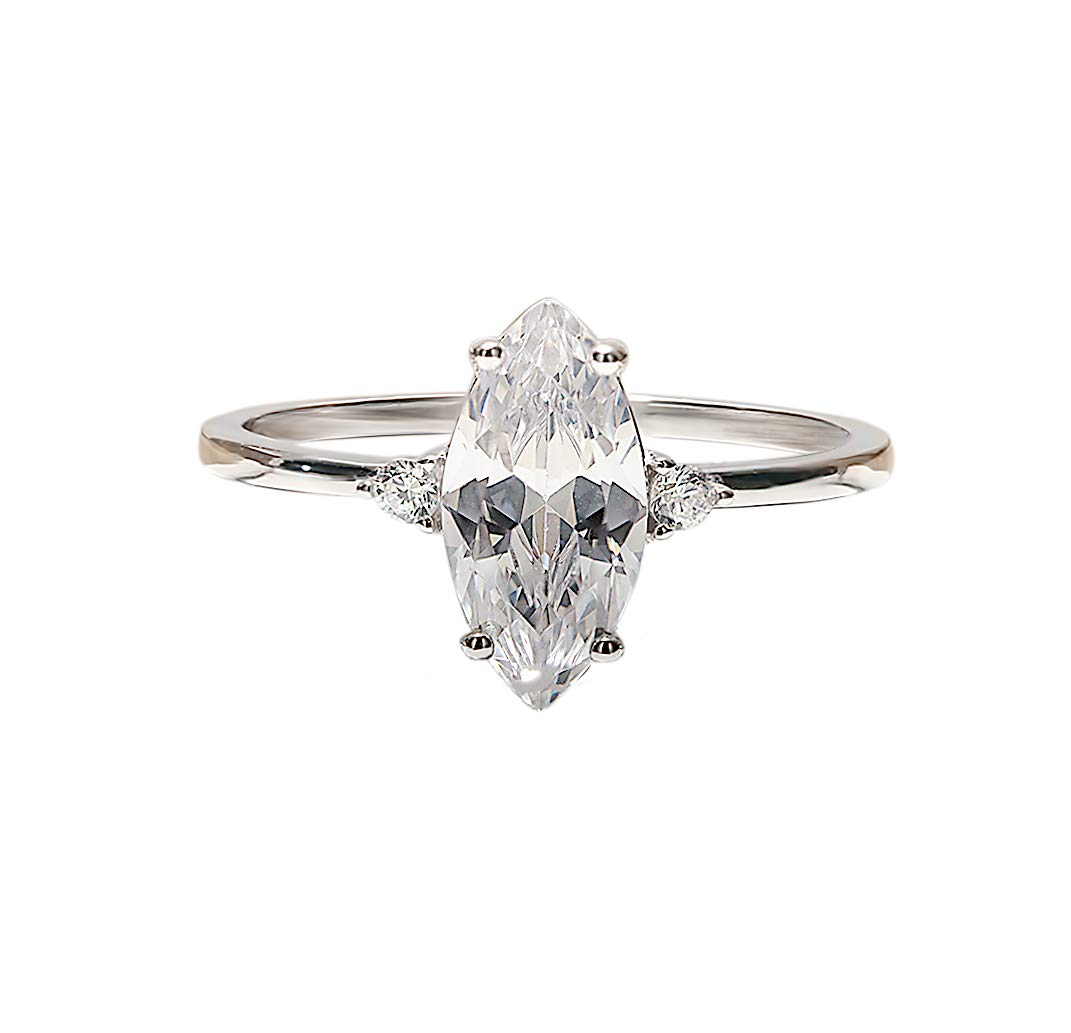 TwoBirch 925 Silver Marquise Three Ring Bridal Set with Three Stone Marquise Engagement Ring and Two Matching Chevron Contour Bands (925 Silver, Size 8)