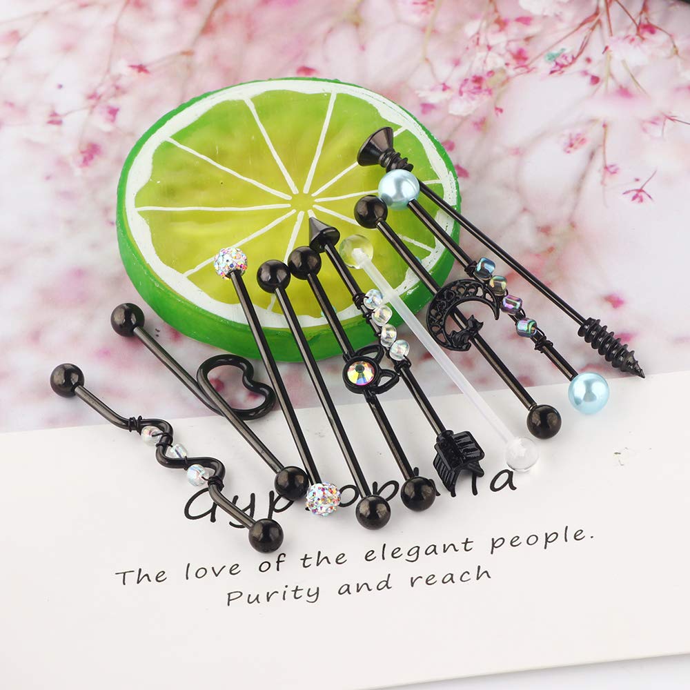 Suotarn 8-17PCS 38mm Stainless Steel 14G Industrial Barbell Ear Cartilage Helix-Conch Piercing Bar 1 1/2 Inch