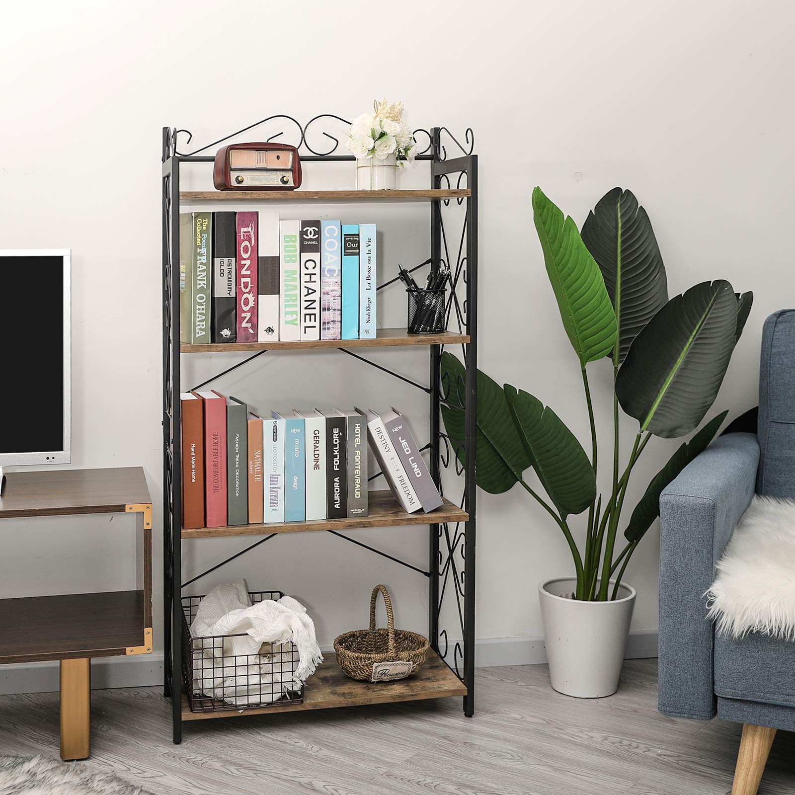 X-cosrack 4 Tier Bookcase Book Shelf wtih 2 Middle Adjustable Shelves, Rustic Industrial Standing Vertiacl Book Rack Holder Stand Storage Organizer Shelf for Livingroom Bedroom Study Office Kitchen