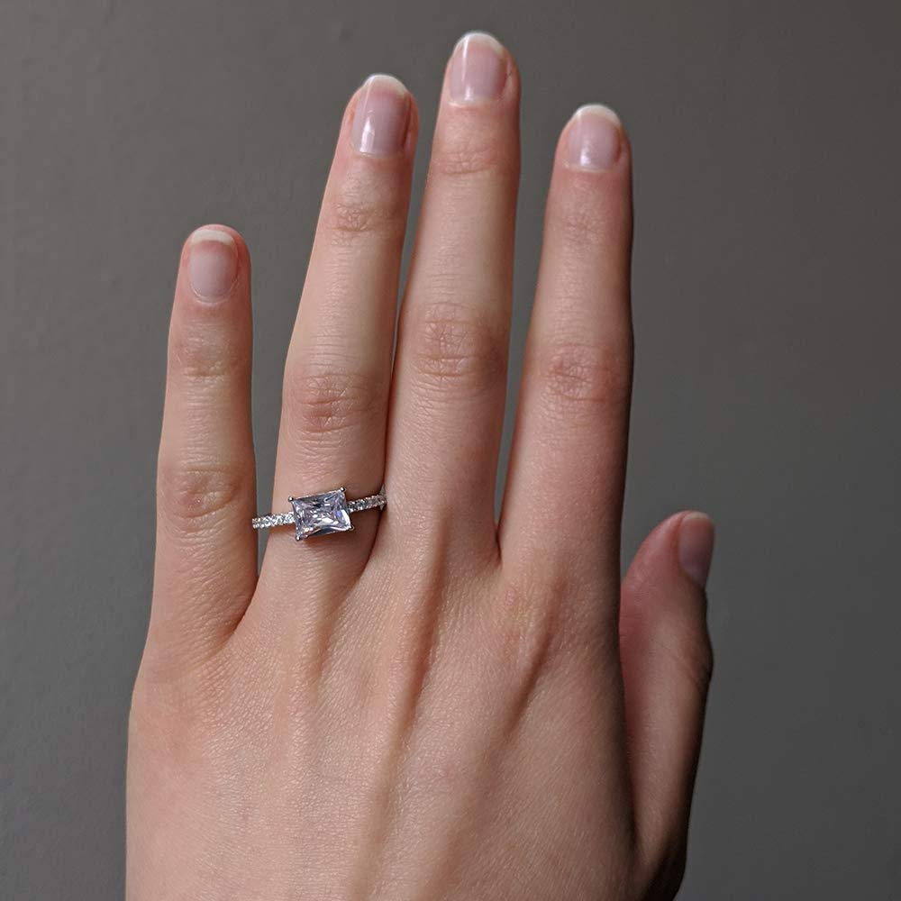 TwoBirch East West Baguette Cut Prong Set Engagement Ring in 18k White Gold Plated Sterling Silver and Cubic Zirconia (Size 8)