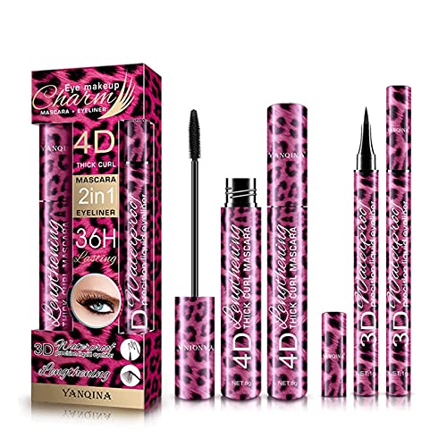 TBUIALL Waterproof Mascara 4d Fiber Mascara Black Volume and Length Not Easy to Fall off Liquid Eyeliner Set Mascara No Smudging Thickens Eye Makeup