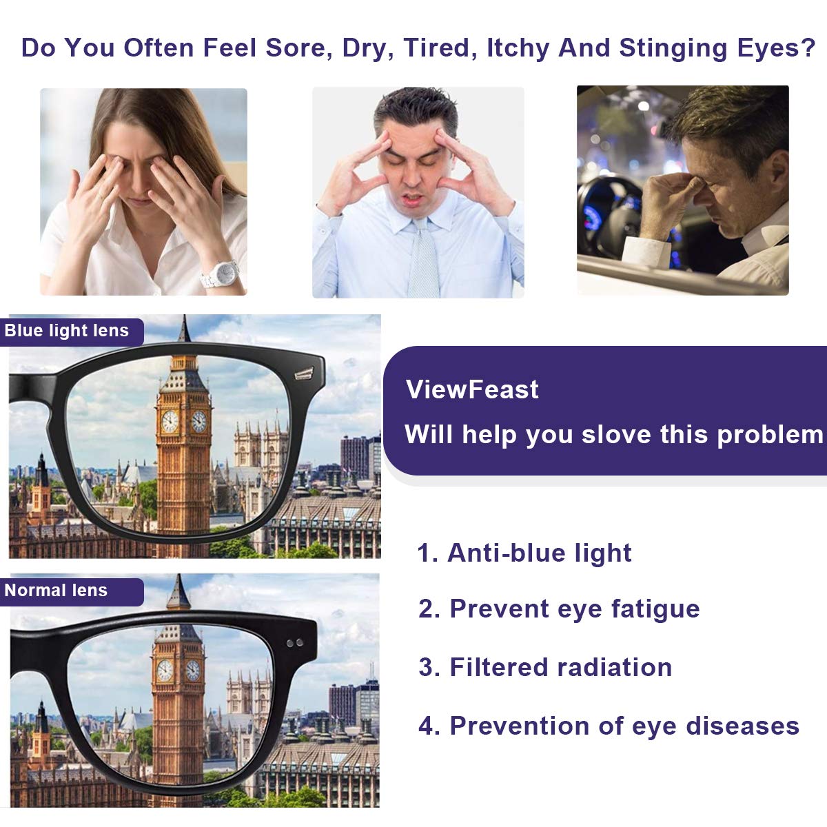 ViewFeast Blue Light Blocking Glasses, 3 Pack Reading Glasses, Three Styles For Square Oval Eyeglasses Frame, Anti Blue Ray Computer Game Glasses Anti Eyestrain UV For Women Men