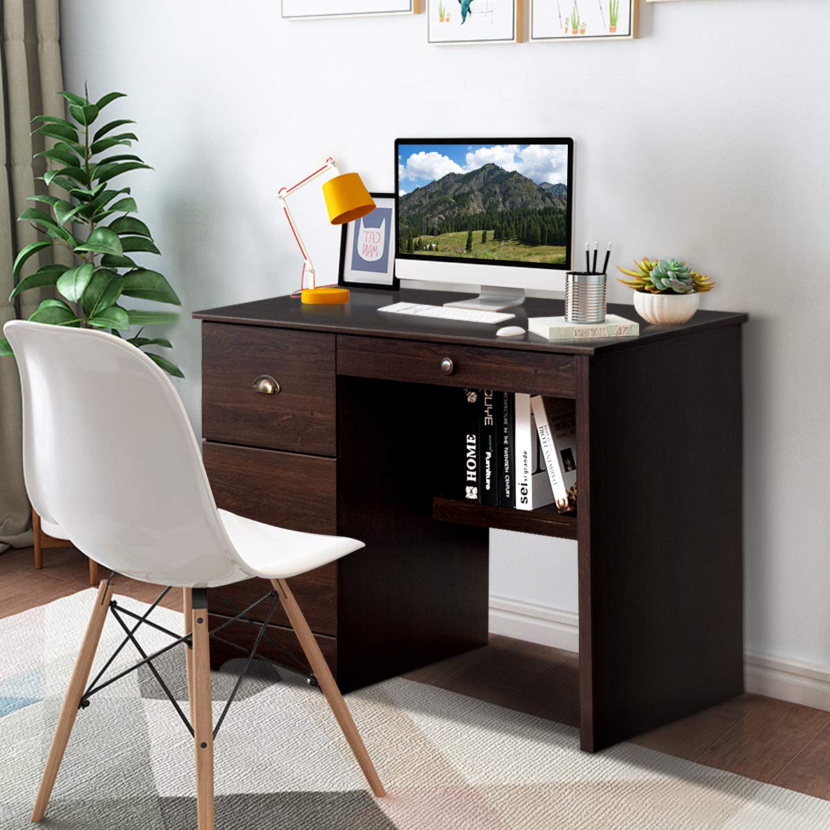 Tangkula Computer Desk with Drawers, Wood Frame Home Office Desk with Storage Shelf, Vintage Desk Executive Desk with Spacious Desktop, Ideal for Bedroom, Living Room, Office
