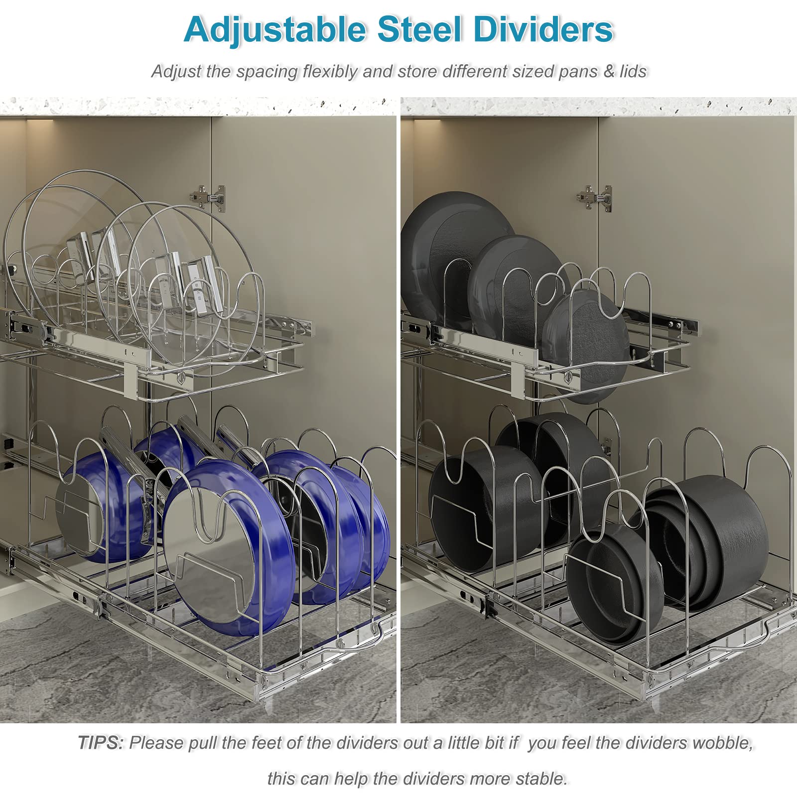 TQVAI Pot and Pan Organizer for Cabinet, Pot Lid Organizer Rack, Pull Out Sliding Cabinet Organizer - Separate Full-Extension Guide Rail - Cabinet Request at Least 15" W x 22.5" D x 22.5" H
