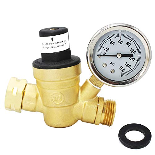 X-Haibei RV Water Pressure Regulator Valve Brass Lead-Free 3/4 inch Threads Body with Gauge and Screened Filter