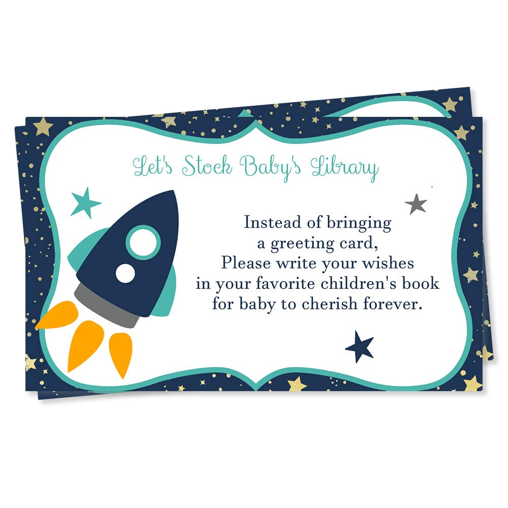 Space Baby Shower Bring A Book Cards Rocket Ship Outer Space Sprinkle Book Inserts Ship Stars Moon Countdown 321 to Baby Spaceship Stripes Aqua Navy Blue Boys It's A Boy (25 Count)