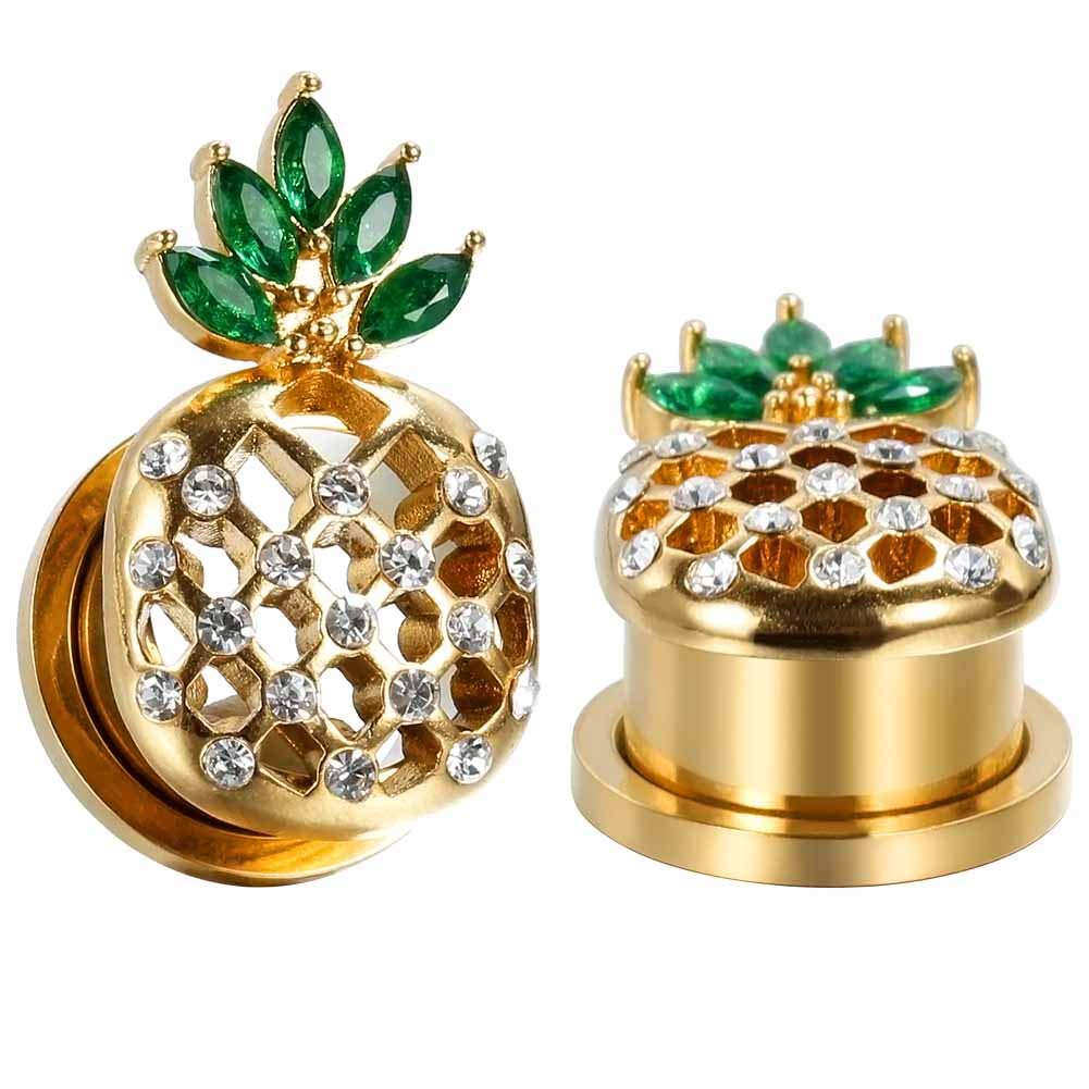 TBOSEN Stainless Steel Screw Gold Pineapple Ear Gauges Plugs Tunnels Expander Body Piercing 2 PCS