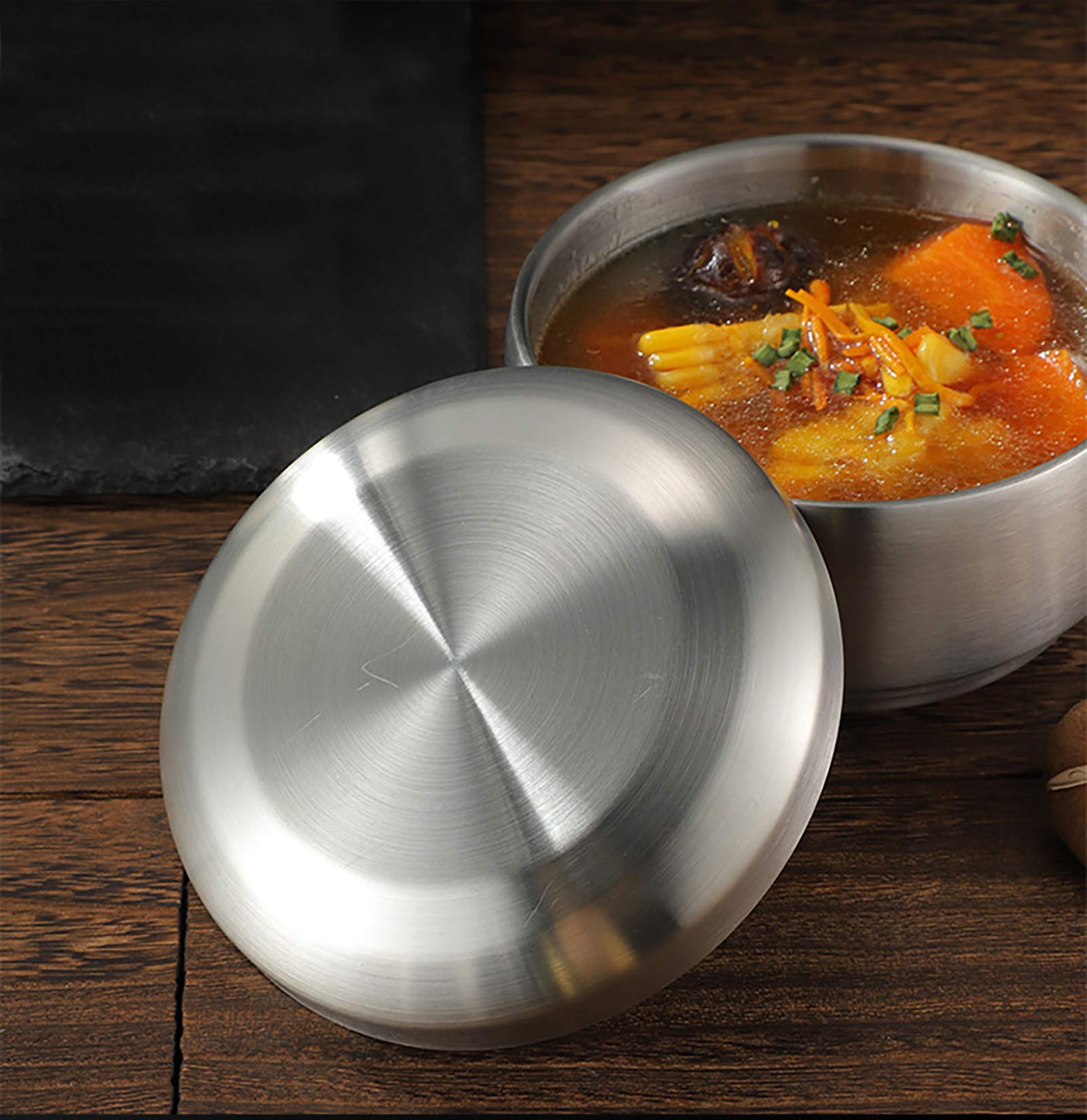 UPTALY 1 pcs 18/10 Stainless Steel Bowl with Lid (Silver Color, 12 oz), Thickened Cereal Bowl with Saucer (4.5'' x 2.9''), Double-Walled Steamed Soup Bowls, Korean Kimchi Bowl
