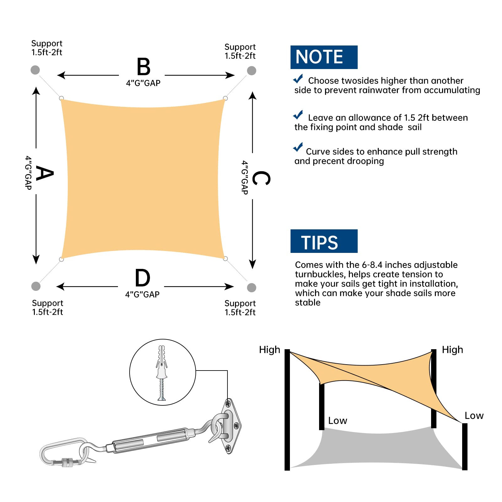 Pro 8ft Shade Sail Poles, Heavy Duty 7MM Thicken Sun Shade Poles - with 5 Welded Fixing Points for Shade Sail Canopy, Steel Post Stand with Hooks for Outdoor String Light, Patio, Backyard
